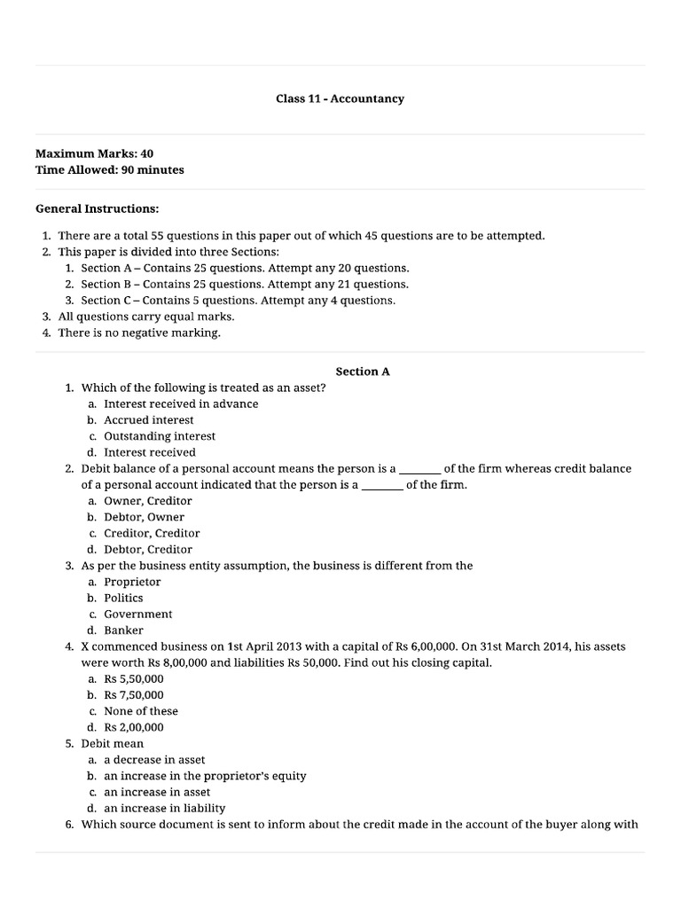 11th Term 1 Accounts Question Paper | PDF