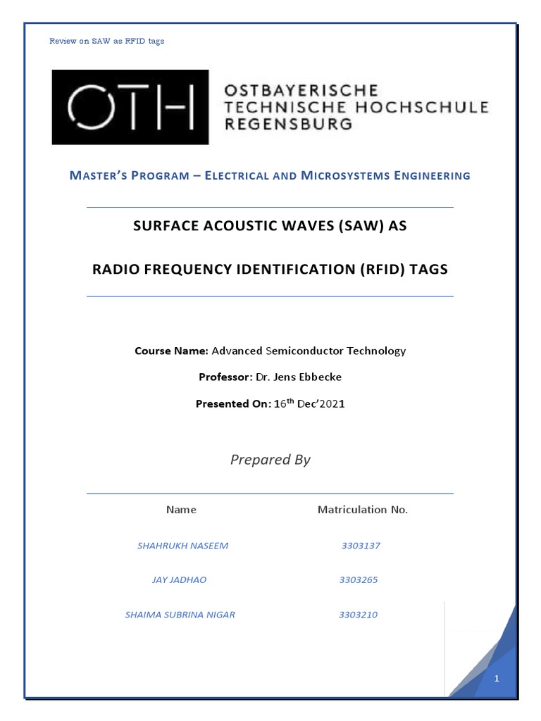 SAW As RFID Tags and Sensor Report Final | PDF | Radio Frequency ...