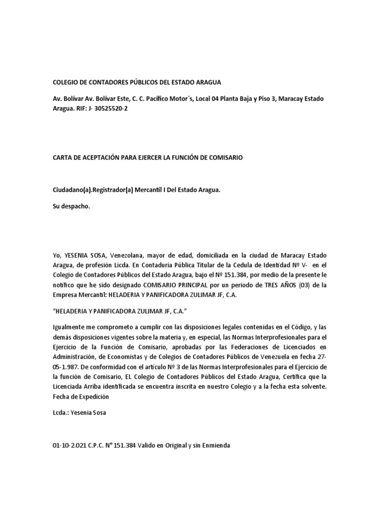 Carta de Aceptacion Comisario | PDF | Contador | Gobierno