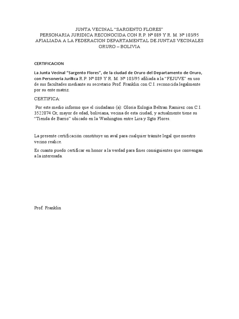 Certificación de Residencia Junta Sargento Flores | PDF | Ciencias ...