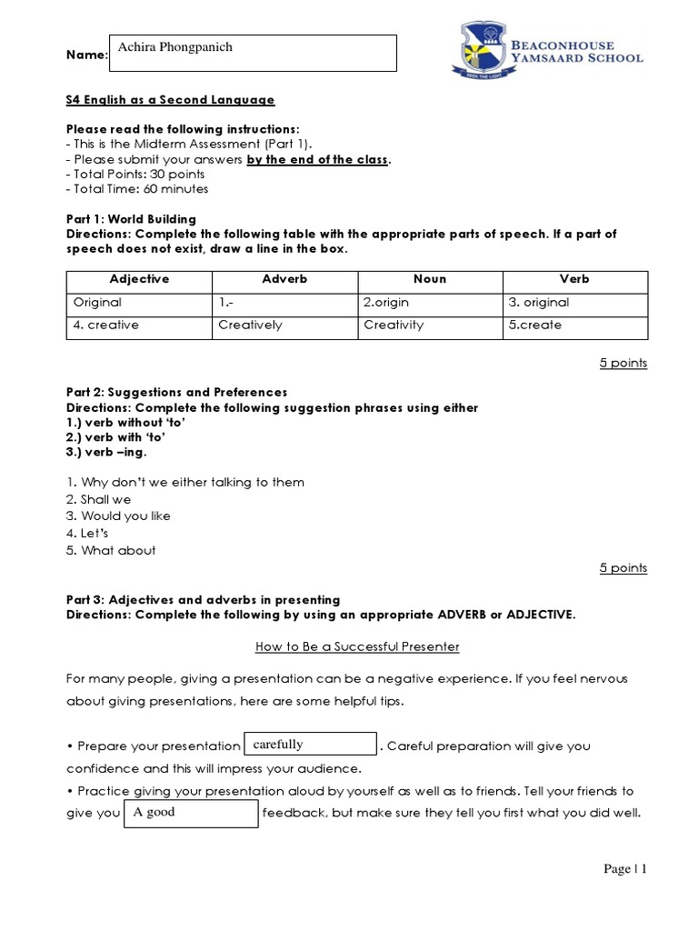 ESL Midterm Assessment Guide | PDF | Adverb | Verb
