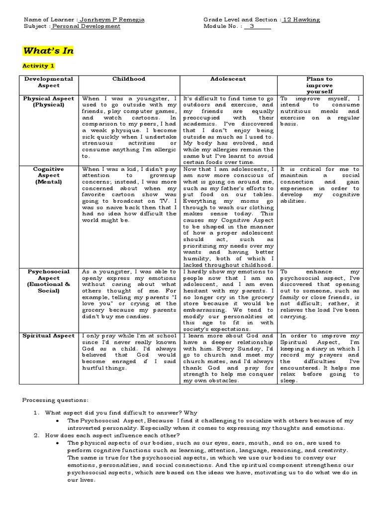 What's In: Activity 1 Developmental Aspect Childhood Adolescent Plans ...