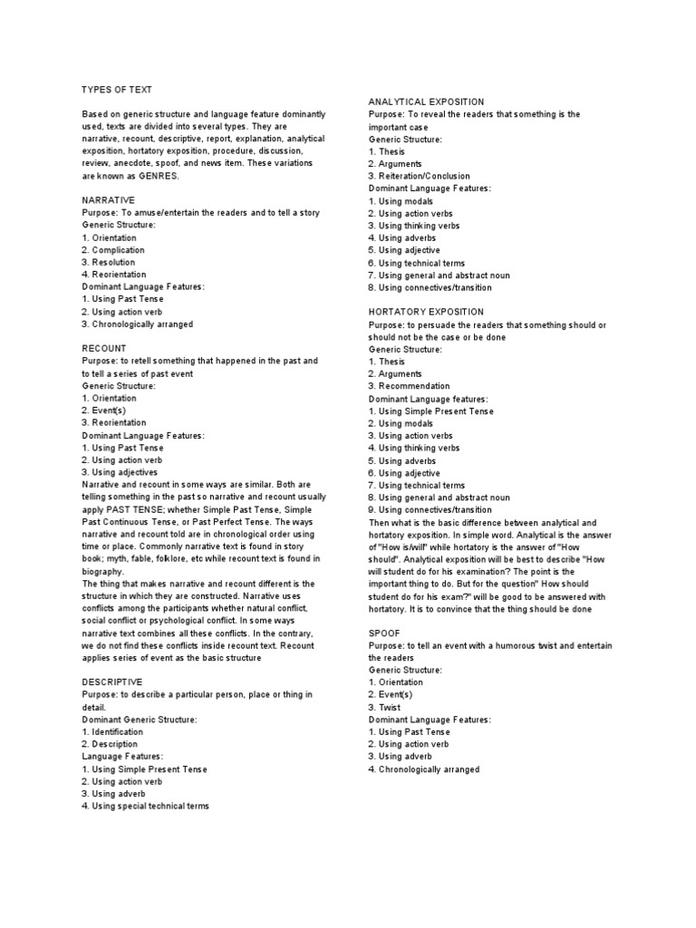 Text Types and Their Features | PDF | Verb | Narrative