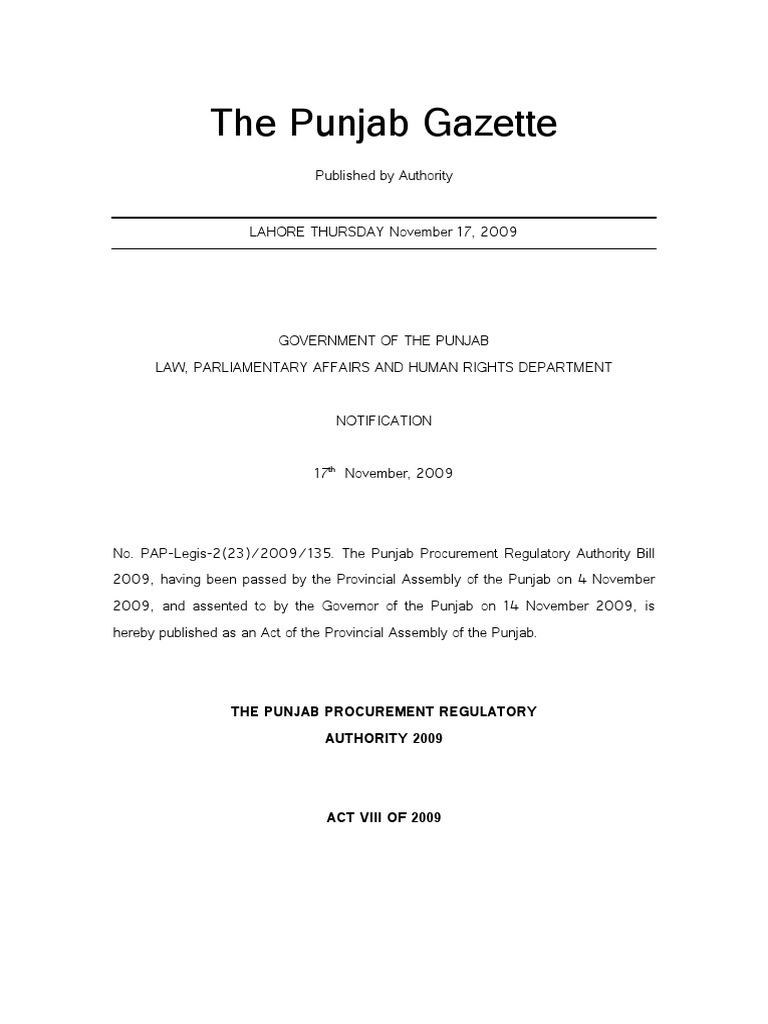 Ppra Act 2009 | PDF | Expense | Procurement