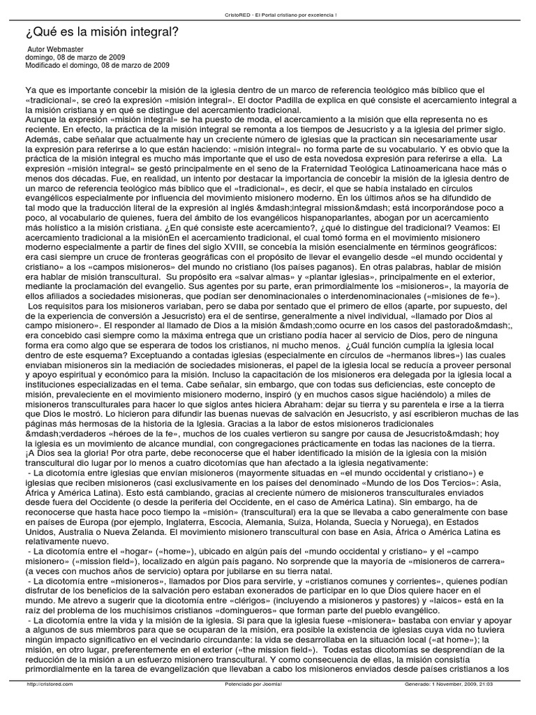 Que Es La Mision Integral | PDF | Misionero | Iglesia Católica
