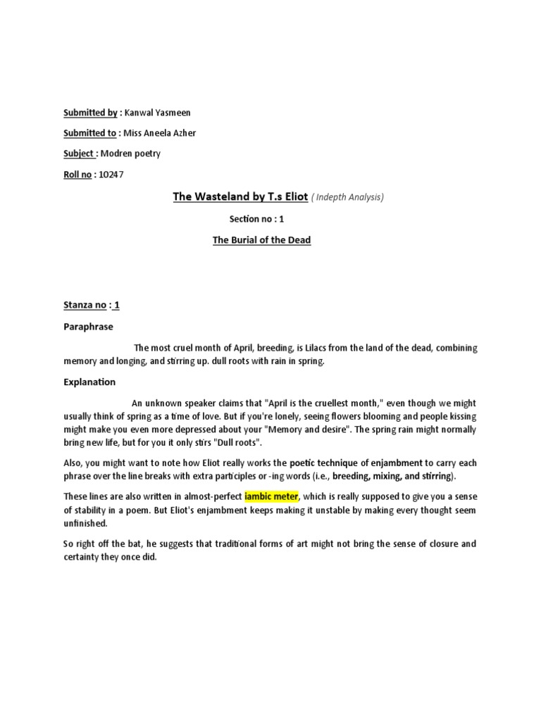 The Wasteland by T.S Eliot: The Burial of The Dead | PDF | Poetry