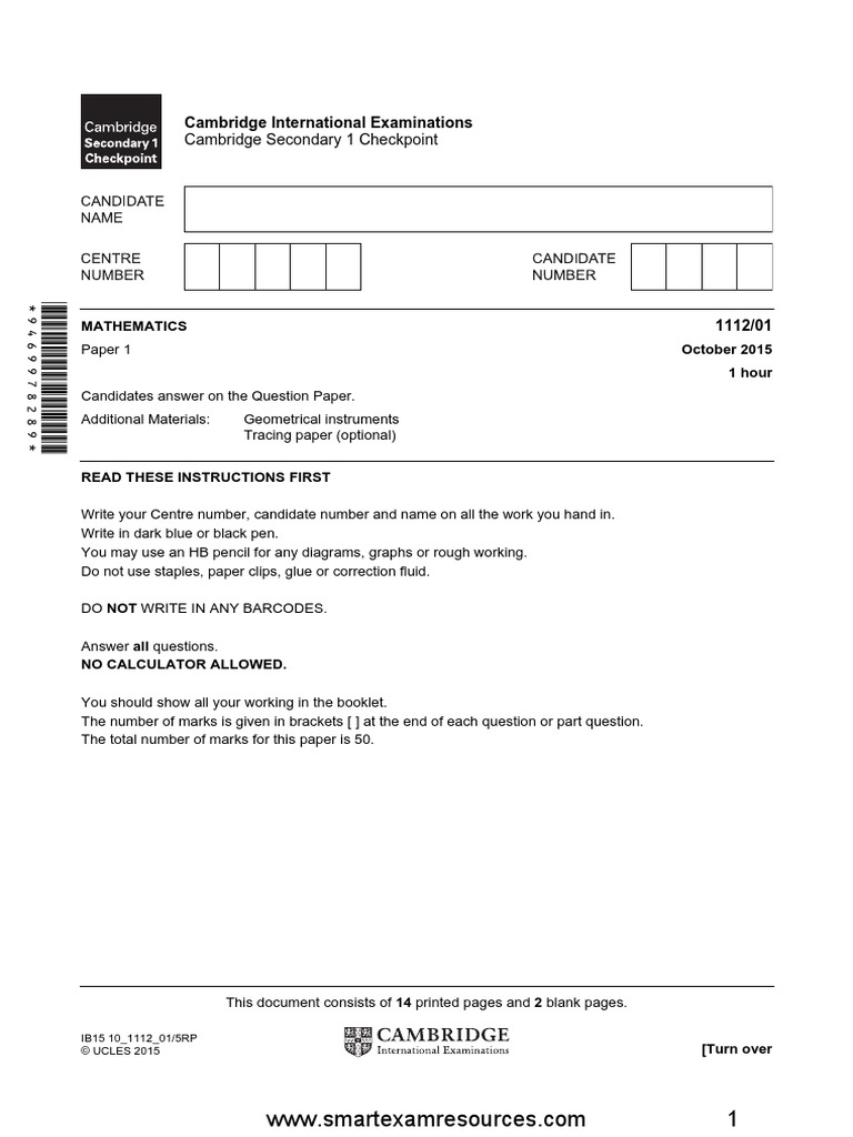 Cambridge Secondary 1 Math Exam Paper | PDF | Teaching Mathematics
