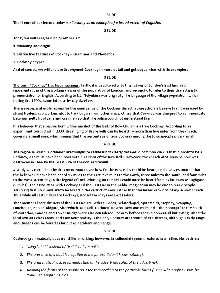 Meaning and Origin 2. Distinctive Features of Cockney - Grammar and ...