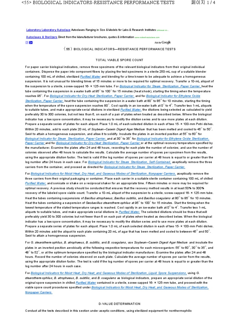 Usp 55 Biological Indicators Resistance Performance Tests | PDF ...