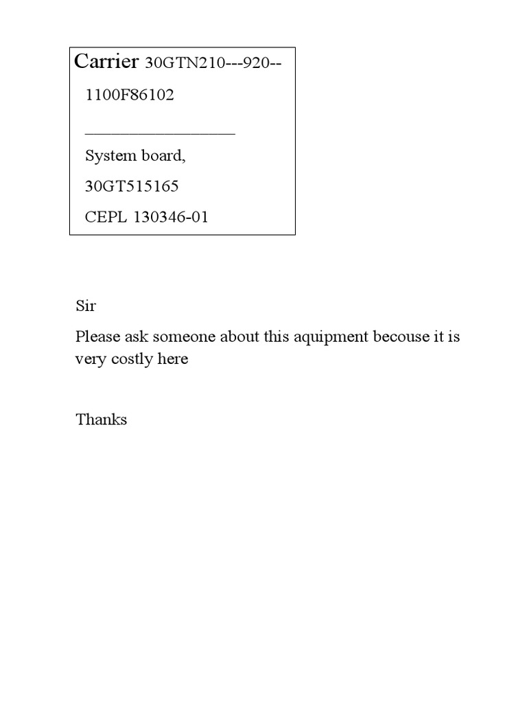 Inquiry on Carrier 30GT Equipment Costs | PDF