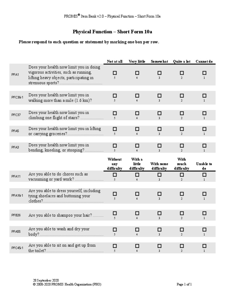 Physical Function - Short Form 10a: Please Respond To Each Question or Statement by Marking One ...