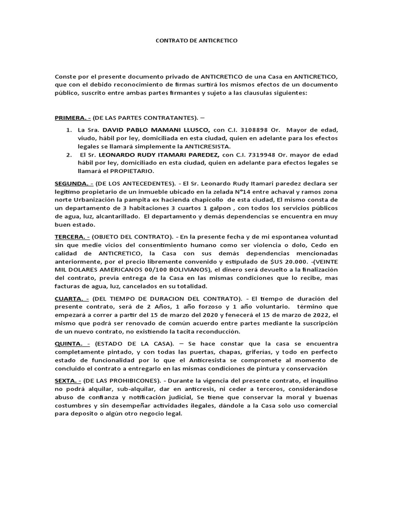 Contrato ANTICRETICO | PDF | Justicia | Crimen y violencia