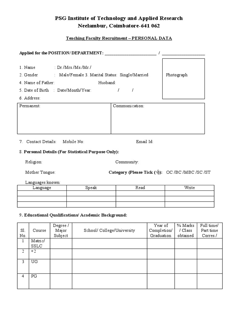Teaching Faculty Application Form | PDF