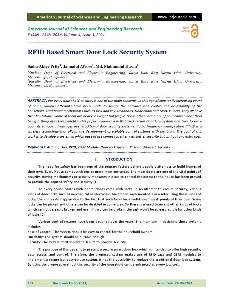 RFID Based Smart Door Lock Security System: American Journal of Sciences and Engineering ...