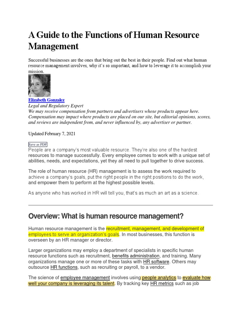 A Guide To The Functions of Human Resource Management | PDF ...
