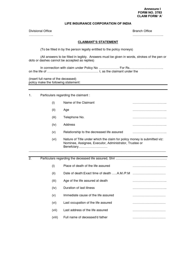 Annexure I FORM NO. 3783 Claim Form A' Life Insurance Corporation of ...