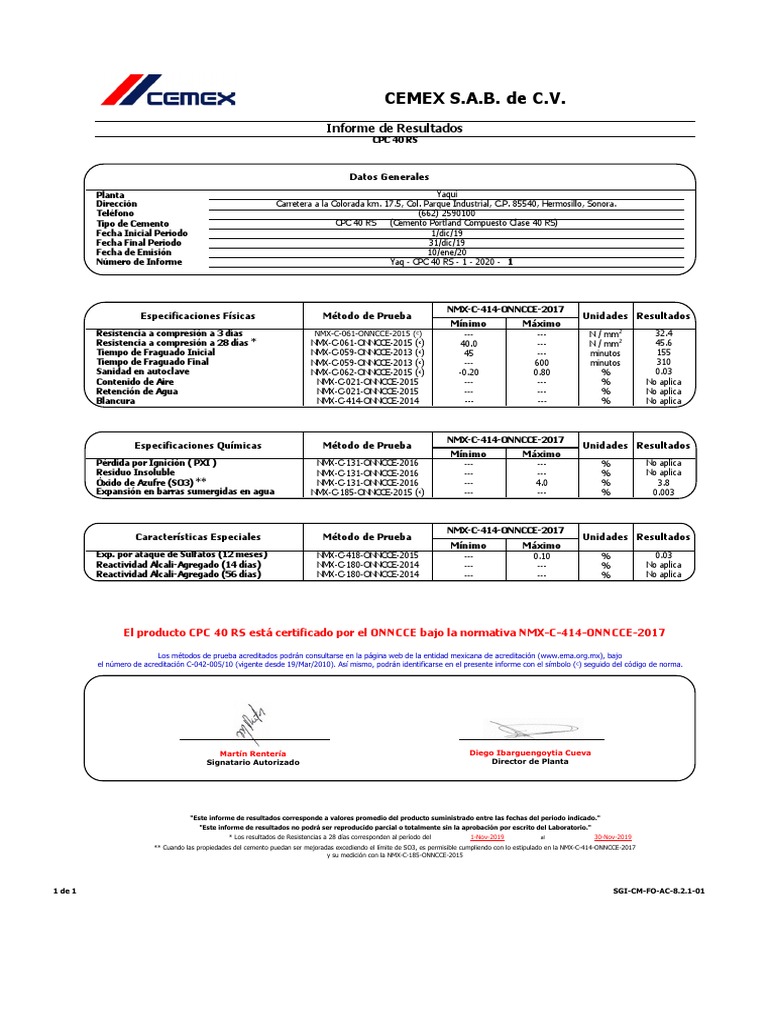 Certificado. CPC 40 HS-1-2020-1 | PDF | Cemento | Materiales