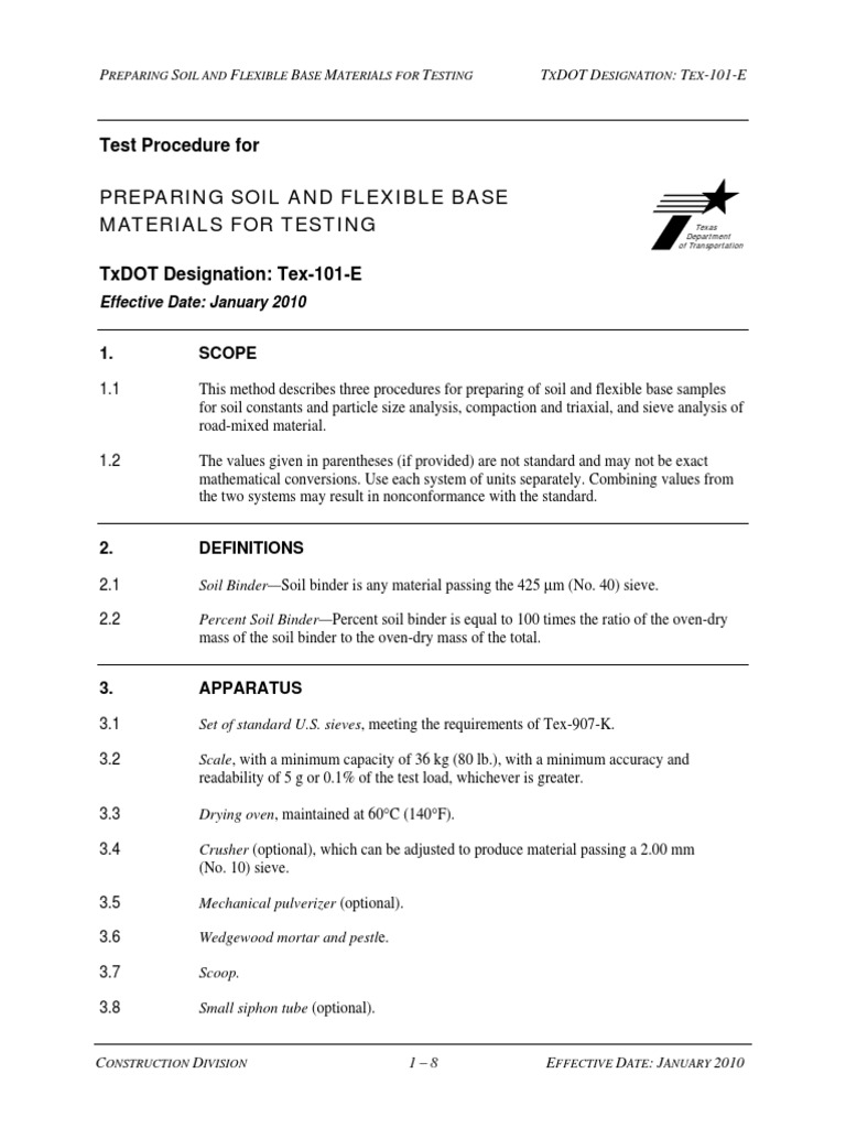 Tex-101-E-Preparing Soil & Flex Base For Testingh | PDF | Soil | Materials