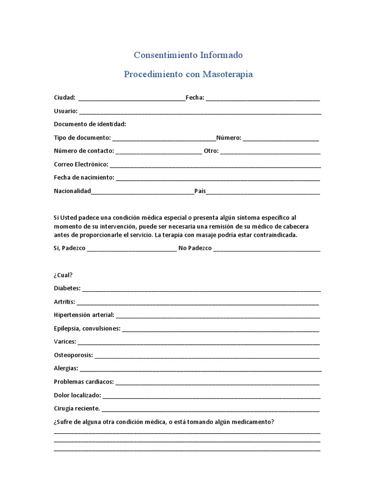 Consentimiento Informado En Masoterapia Pdf Masaje Ciencias De La