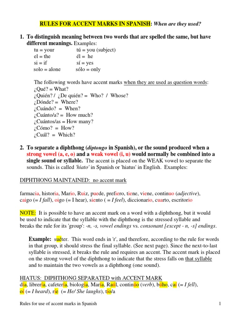 Rules For Accent Marks in Spanish | Download Free PDF | Stress ...