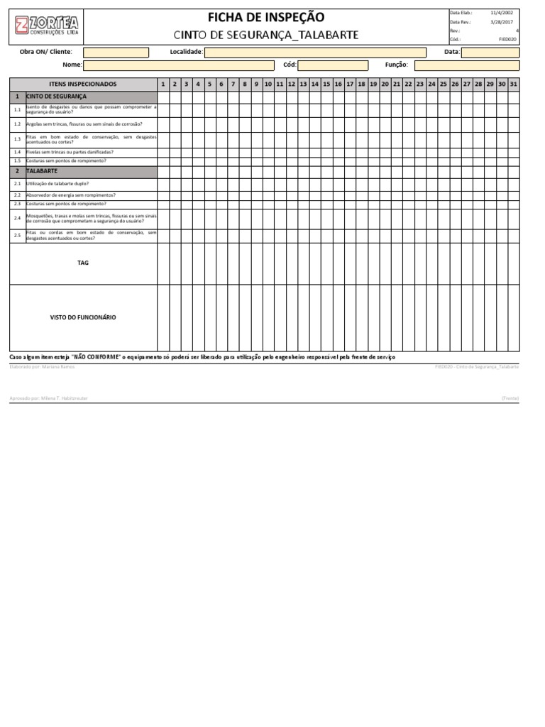 Check List - Cinto de Segurança - Talabarte | PDF