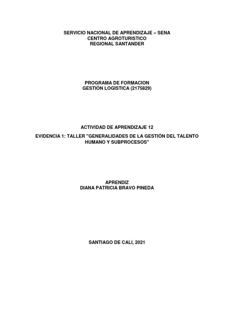 Evidencia 1 Taller Generalidades de La Gestión Del Talento Humano y Subprocesos | PDF ...