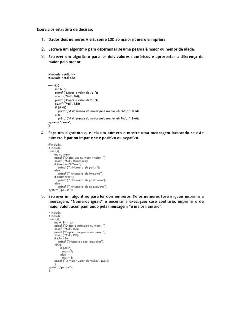 Exercícios Estrutura de Decisão | PDF | Números | Algoritmos