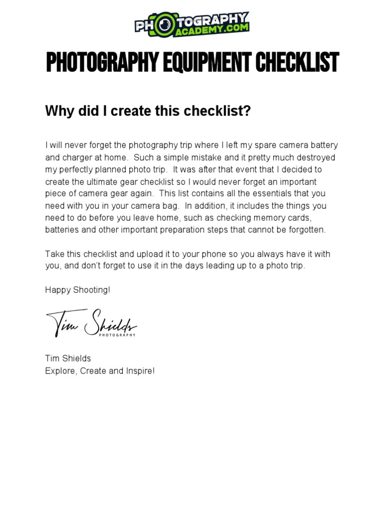 Photography Gear Checklist Guide | PDF | Camera | Battery Charger