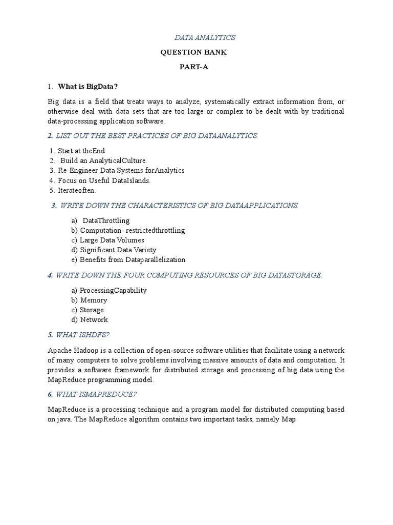 List Out The Best Practices of Big Dataanalytics.: Question Bank Part-A | PDF | Apache Hadoop ...