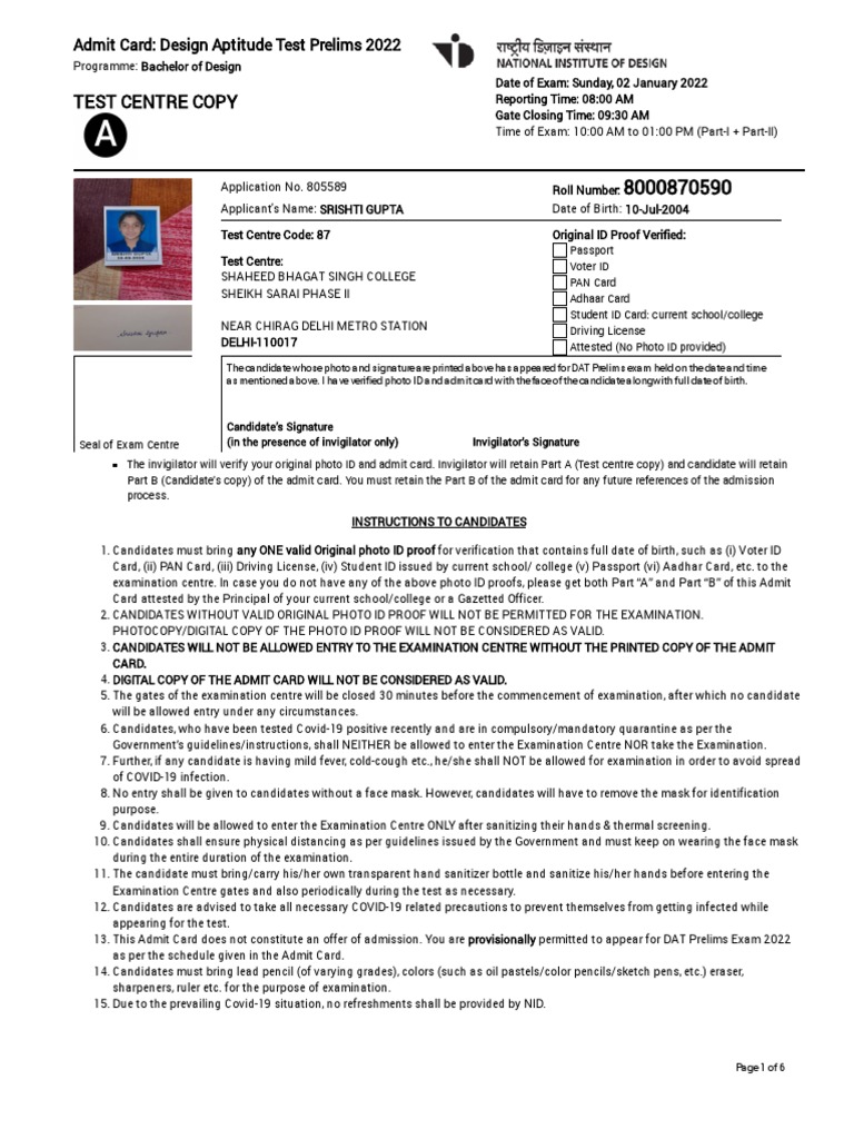 Test Centre Copy: Admit Card: Design Aptitude Test Prelims 2022 | PDF ...
