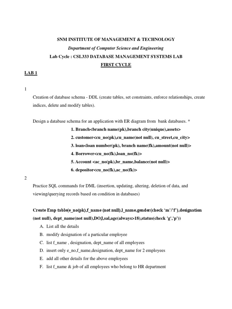 CSL 333 Database Management Systems Lab Cycle | PDF | Databases | Pl/Sql