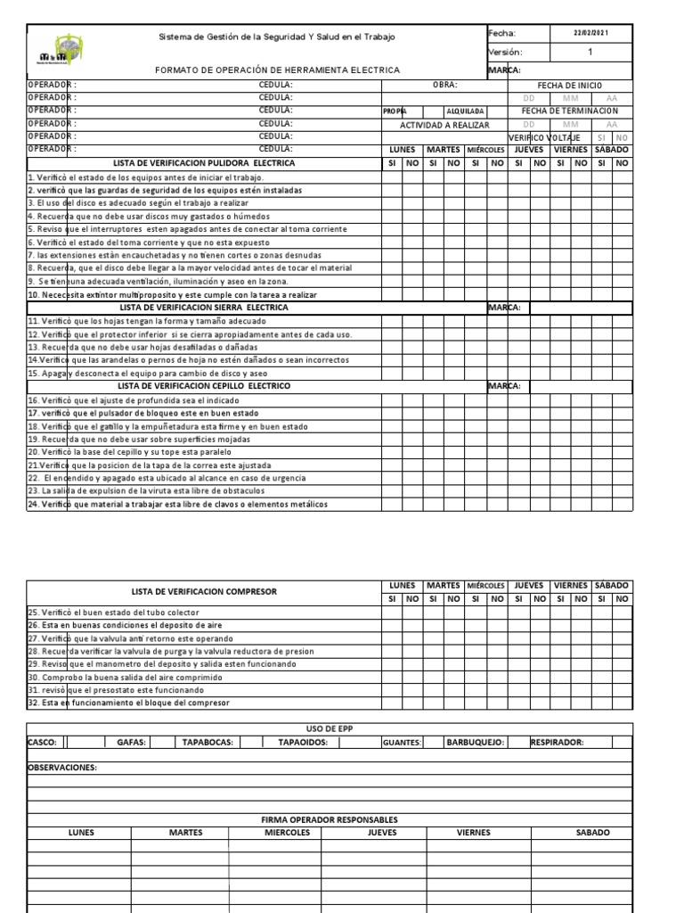 Formatos Preoperacionales | PDF | Perforar | Equipo