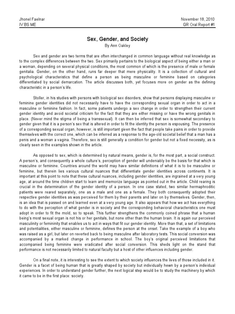A Reflection On: Sex, Gender, and Society by Ann Oakley | PDF | Sex ...
