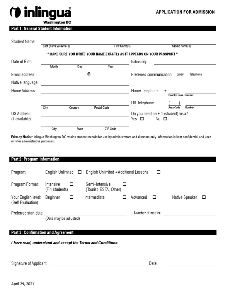 inlingua DC Admission Application | PDF | Fee | Tuition Payments