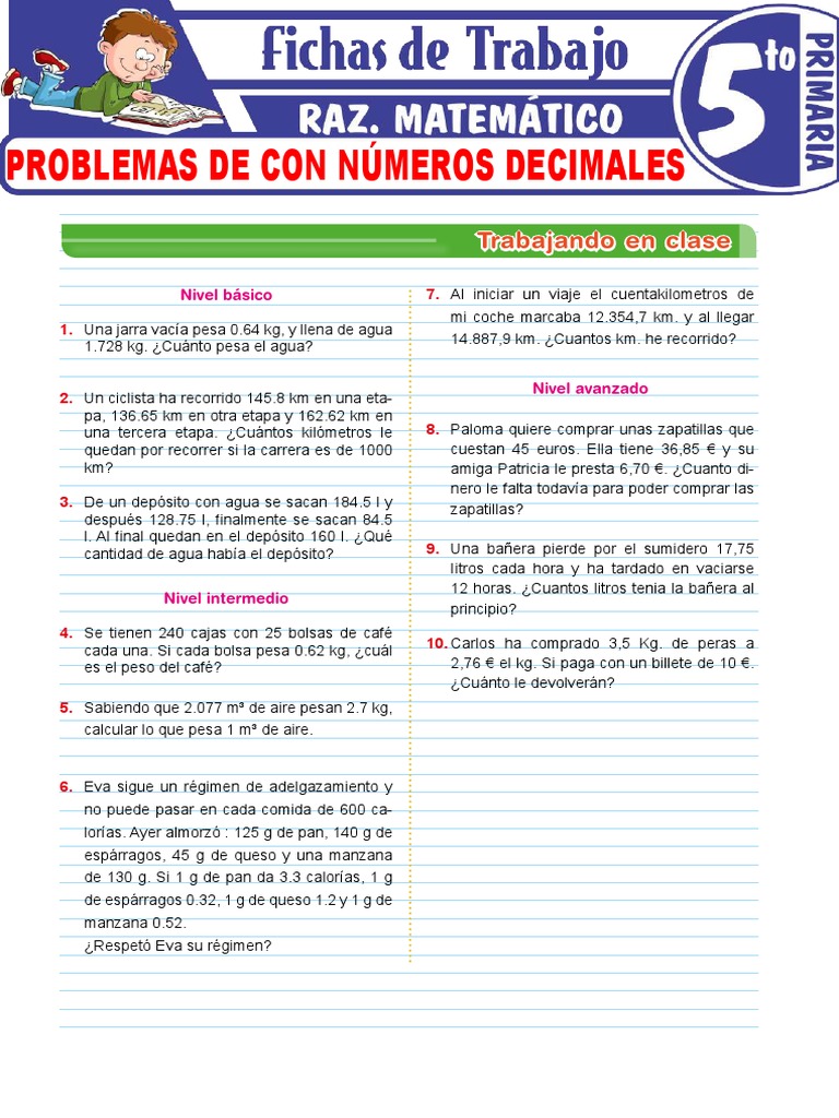 Problemas de Con Números Decimales para Quinto Grado de Primaria | PDF