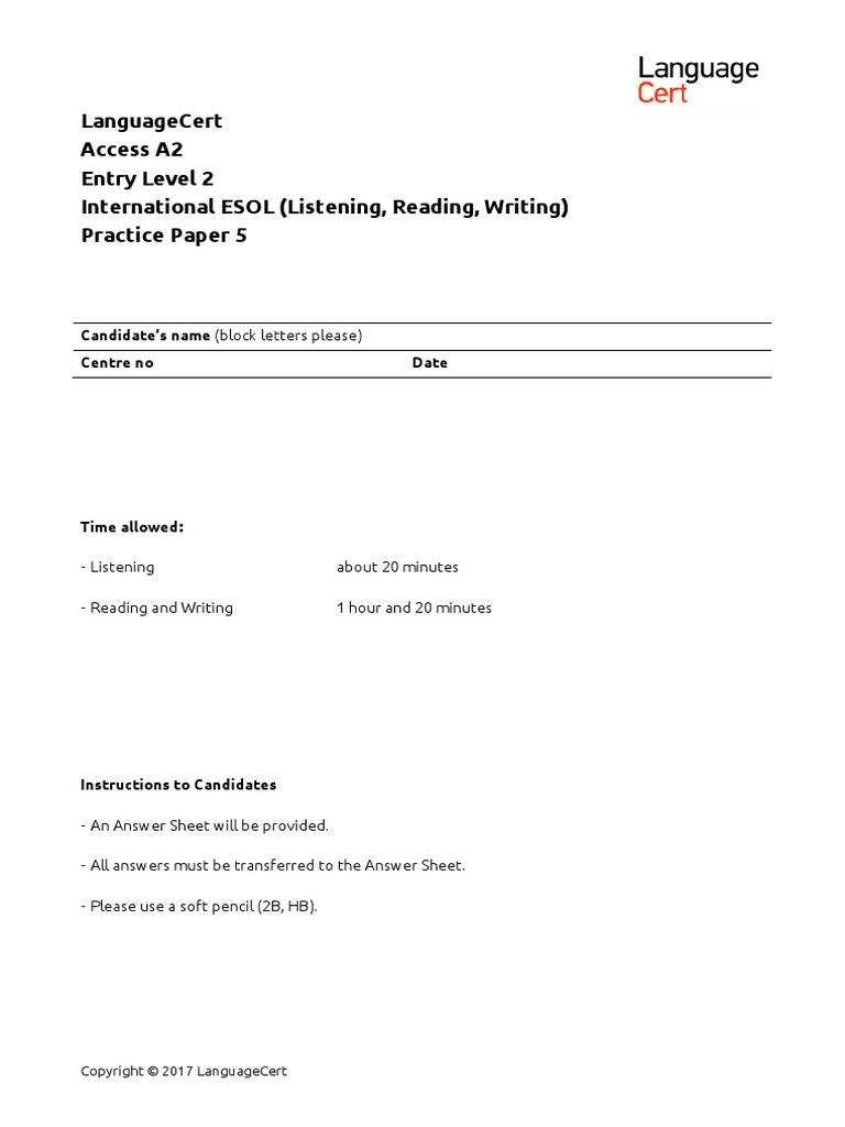 Languagecert Access A2 Entry Level 2 International Esol (Listening ...