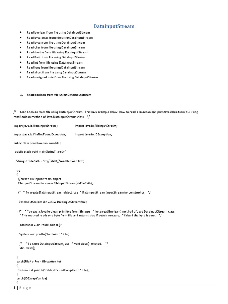 Datainputstream: 1. Read Boolean From File Using Datainputstream | PDF | Programming | Computer File