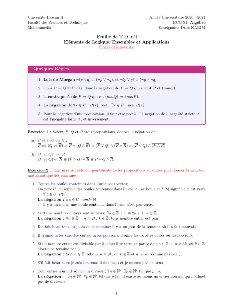 Correction td1 2020 | PDF | Inclusion (mathématiques) | Mathématiques