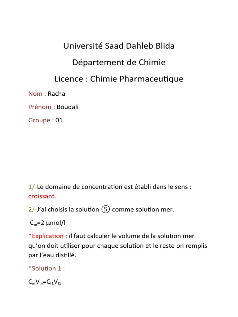 Université Saad Dahleb Blida Département de Chimie Licence: Chimie ...