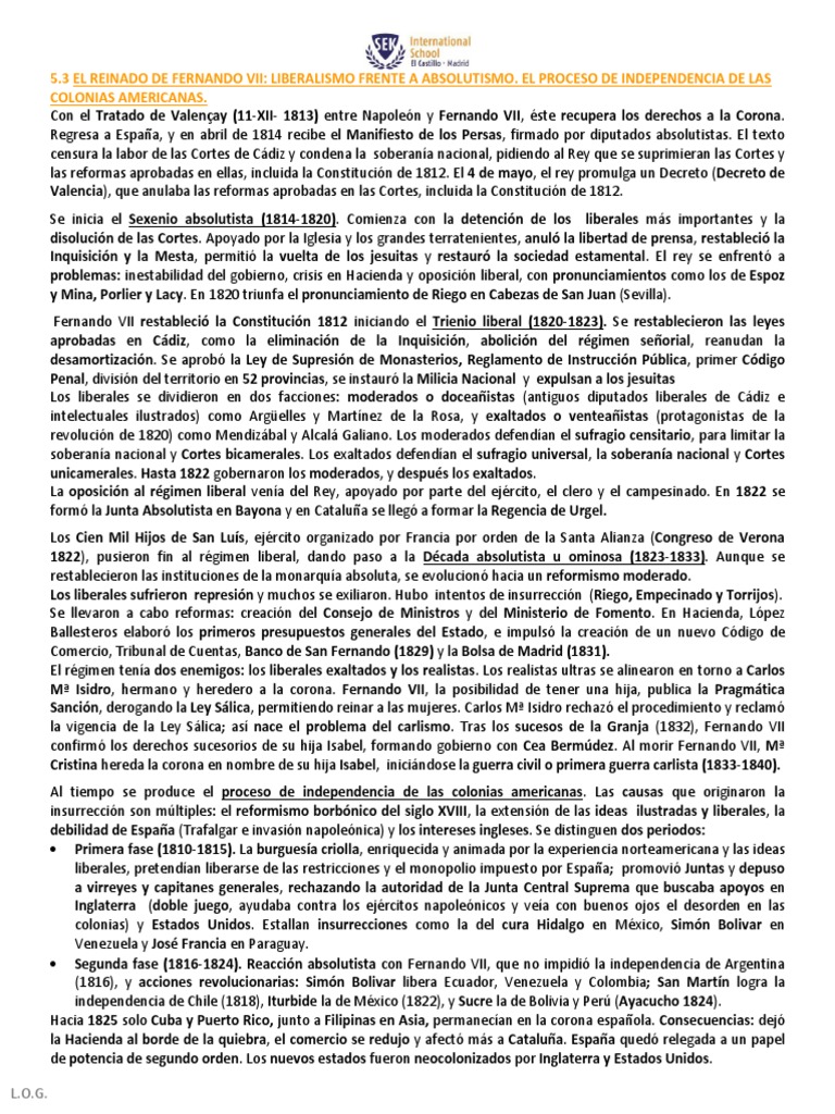 5.3 El Reinado de Fernando Vii: Liberalismo Frente A Absolutismo. El Proceso de Independencia de ...