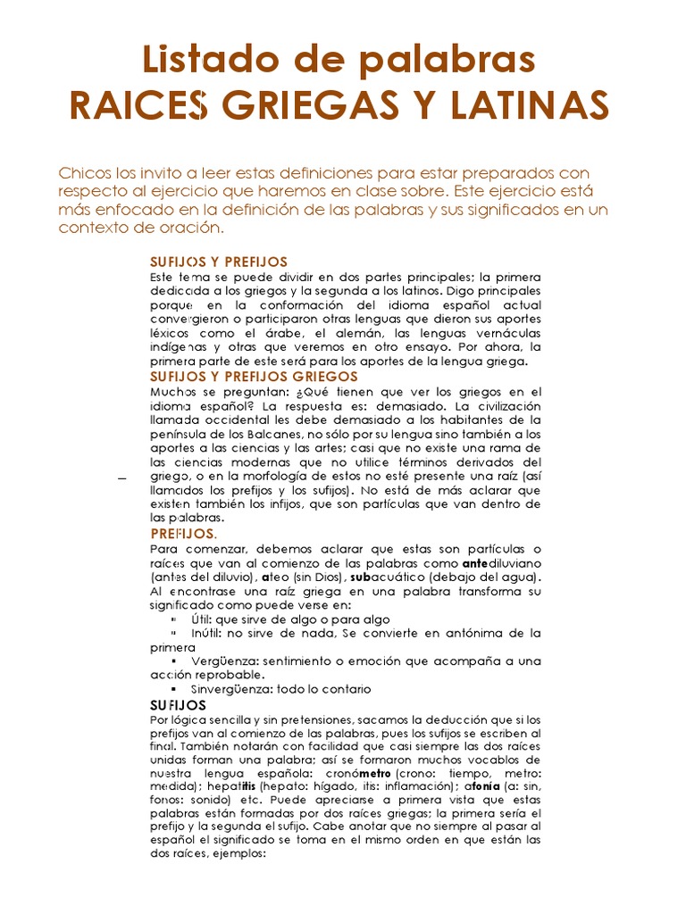 Raíces Griegas: Prefijos y Sufijos | PDF | Lengua griega | Lengua española