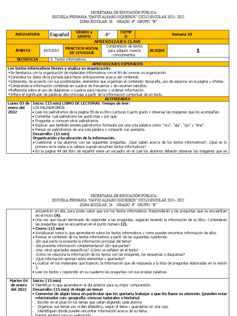 Planeacion de Español 4to B Enero Del 2022 | PDF | Educación primaria