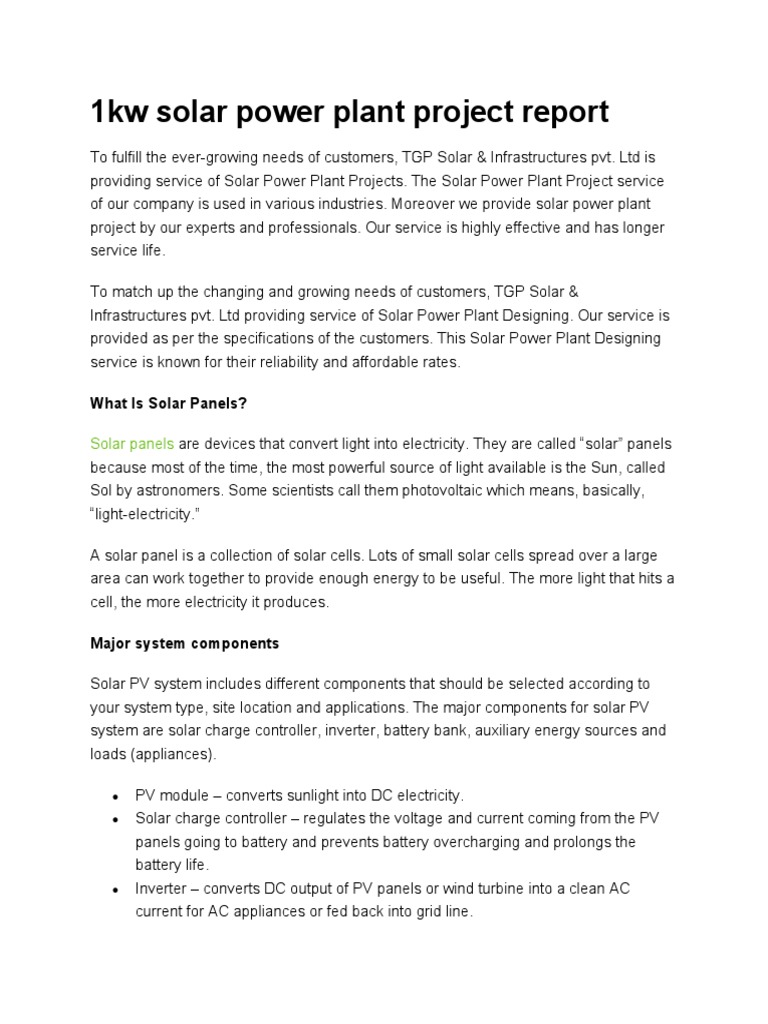 1 KW Solar Power Plant Project Report | PDF | Solar Power | Photovoltaics