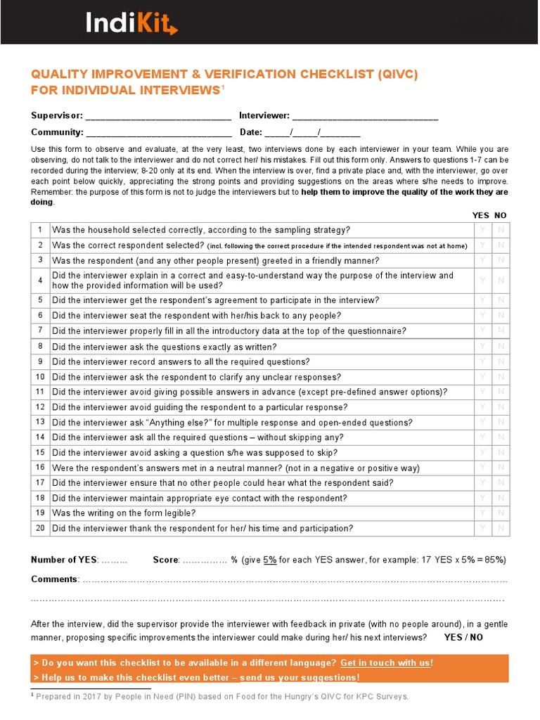 Quality Improvement & Verification Checklist (Qivc) For Individual ...