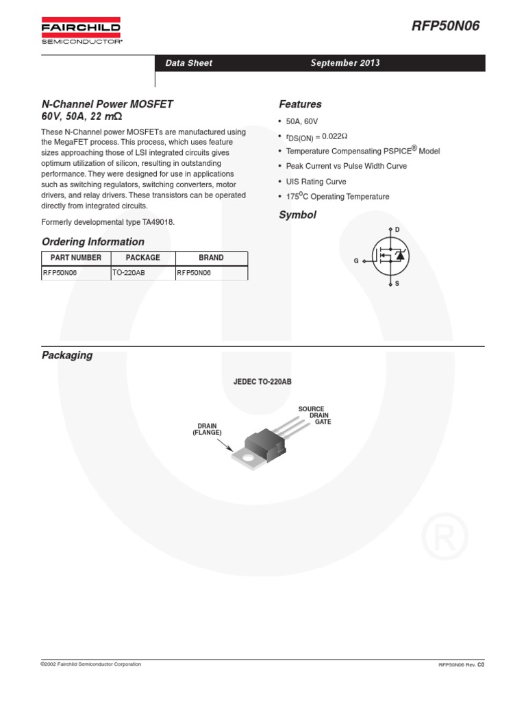 RFP50N06: N-Channel Power MOSFET 60V, 50A, 22 M Features | PDF | Field Effect Transistor | Mosfet