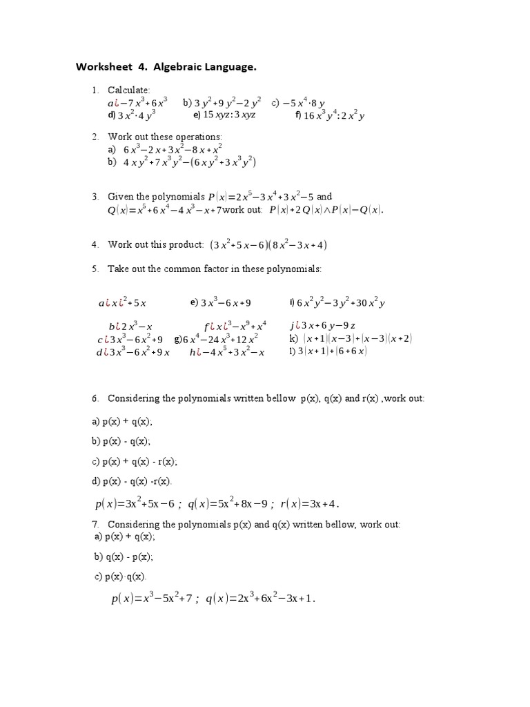 Worksheet 4. Algebraic Language.: A 8 y 4 y y y | PDF | Algorithms ...