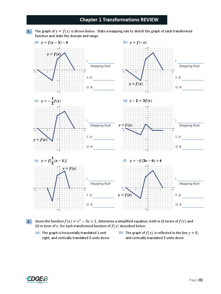Chapter 1 Review Questions - Math 30-1 Transformations | PDF | Function ...