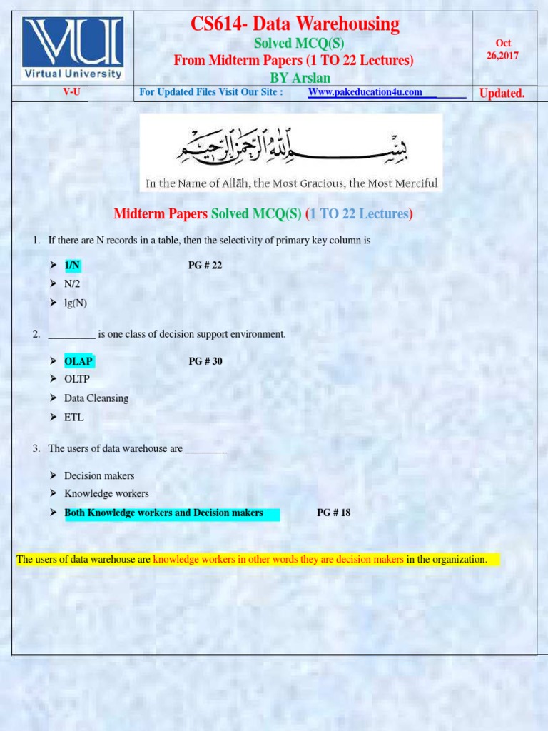 CS614 MidTerm MCQs Solved by Arslan | PDF | Data Warehouse | Information Technology
