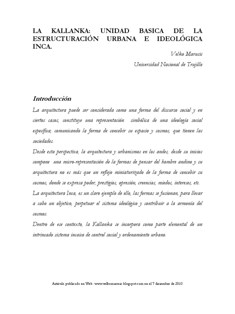 La Kallanka: Unidad Basica de La Estructuración Urbana e Ideológica ...