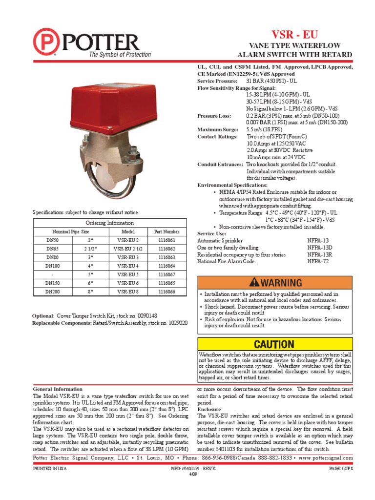 Waterflow Switch VSR - Potter Electric | PDF | Pipe (Fluid Conveyance) | Switch